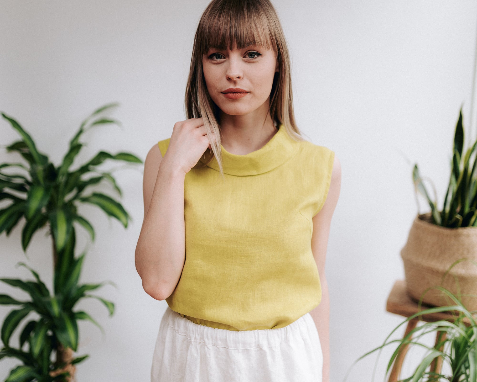 Sleeveless Linen Top With Raised Neck 'Alyssa' - Linenbee