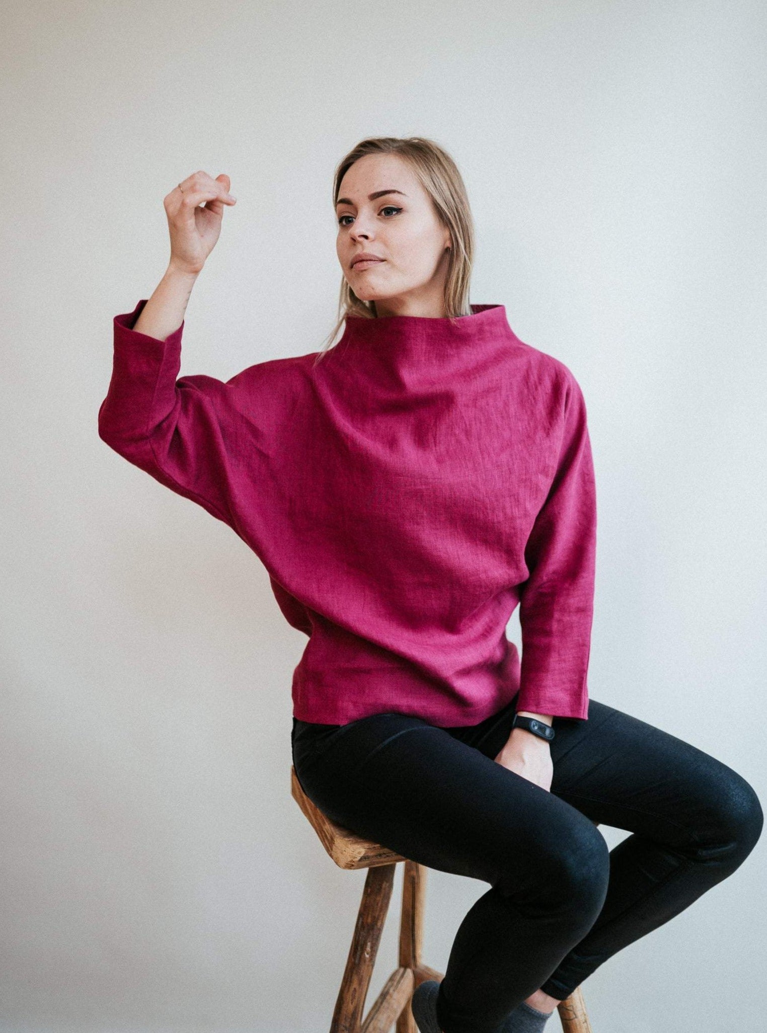 Classy Linen Top with 3/4 sleeves and Raised Neck - Linenbee