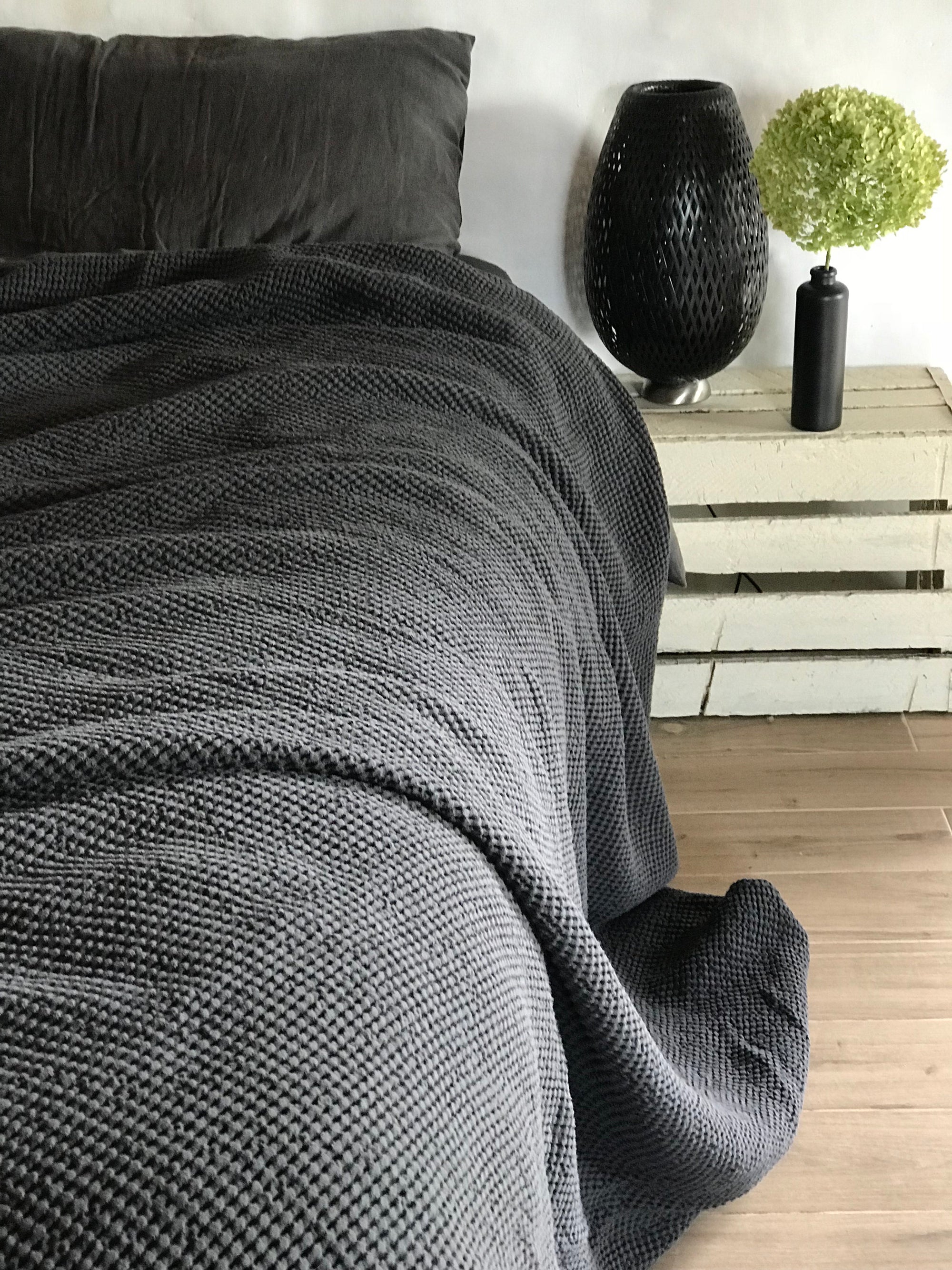 Dark Grey Blanket, Linen and Cotton blend blanket - Linenbee